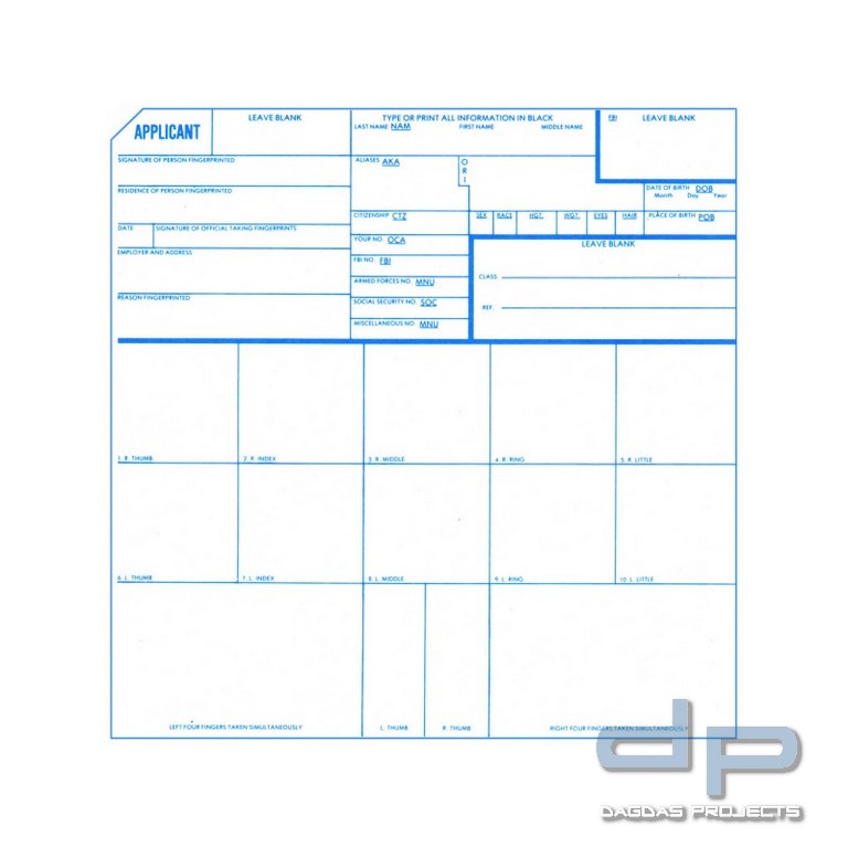 Identicator® Karte für kompletten Satz Fingerabdrücke, 250er Pack ...